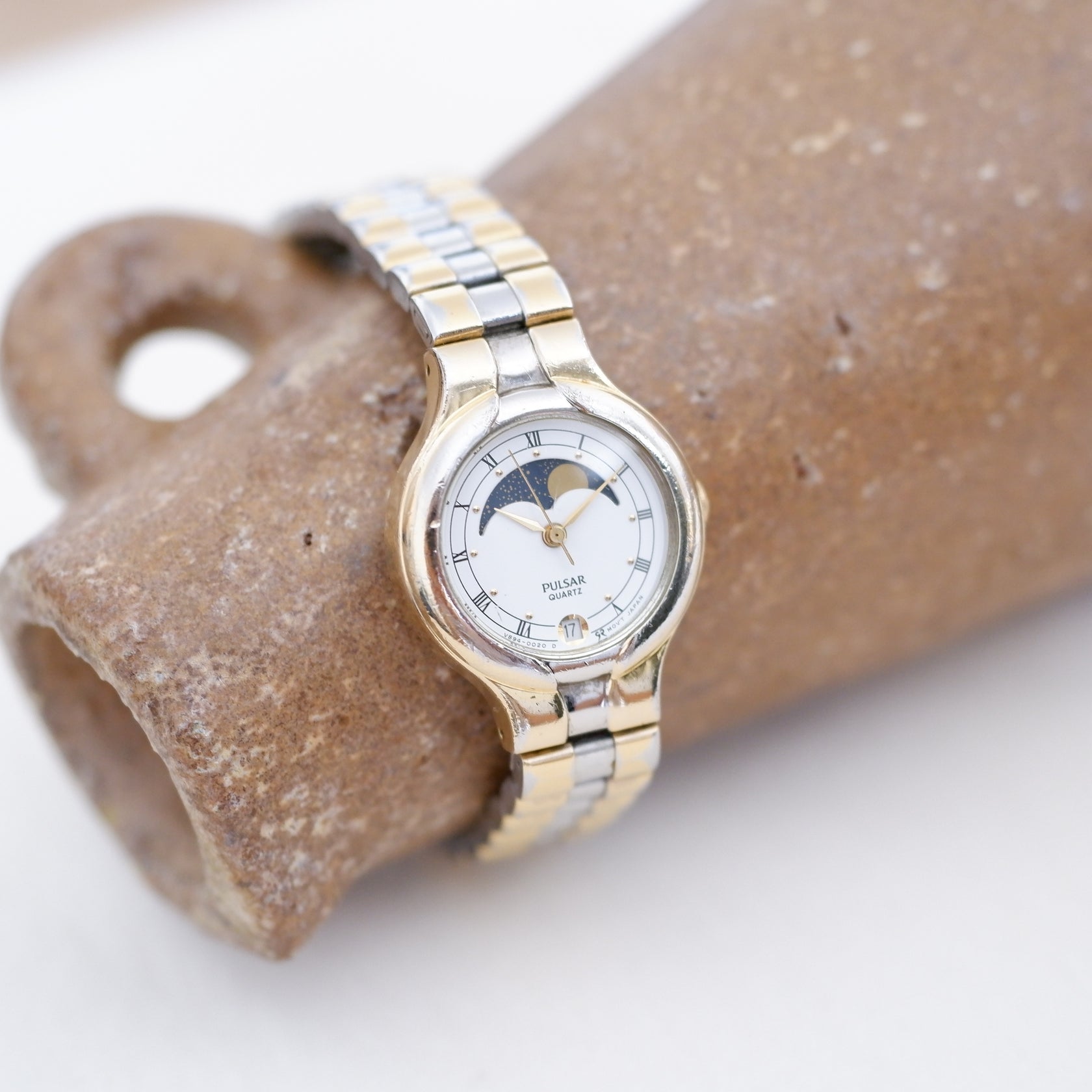 Pulsar Vintage Watch: Ladies 80s Gold Roman Numerals Moon Phase Style – Times & Treasure